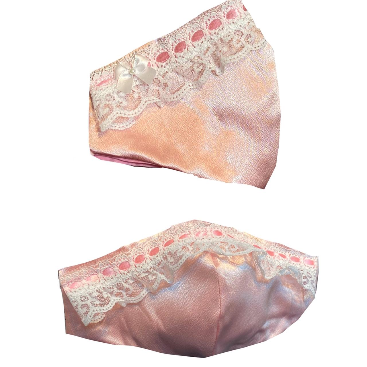 🎀🧸 sweetest satin baby pink face mask w frilly white... - Depop