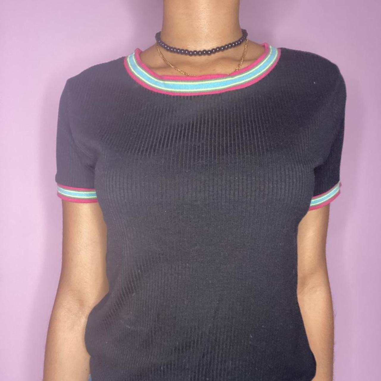 Cute black tee with a colorful collar. Worn a few... - Depop