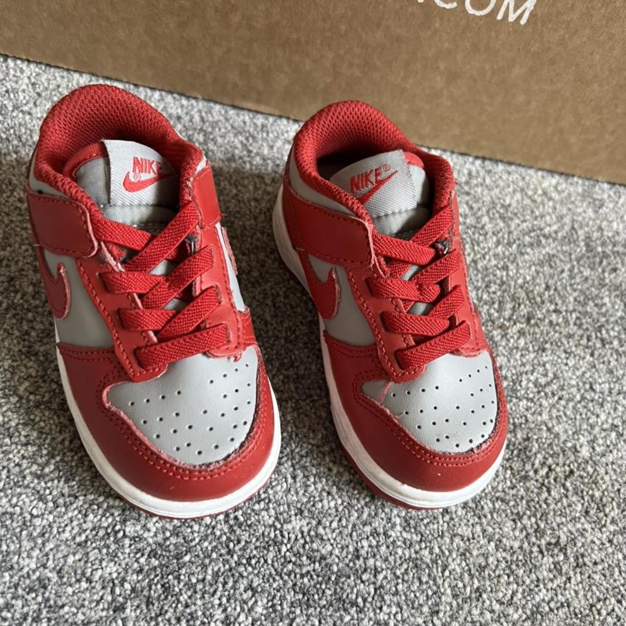 Nike red and grey dunks Infant size 5.5 Excellent... | Depop