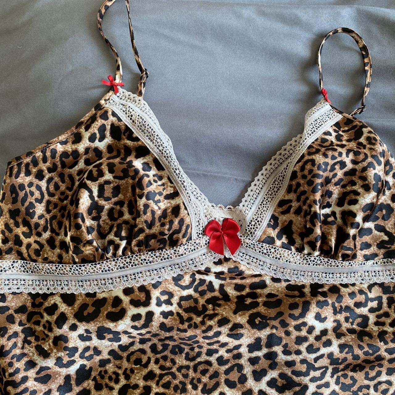 satin leopard print cami with lace trim and red... - Depop