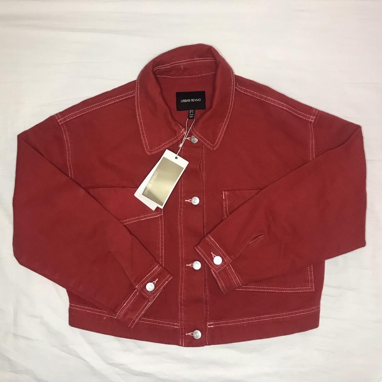 Urban revivo red cropped denim jacket with white... - Depop