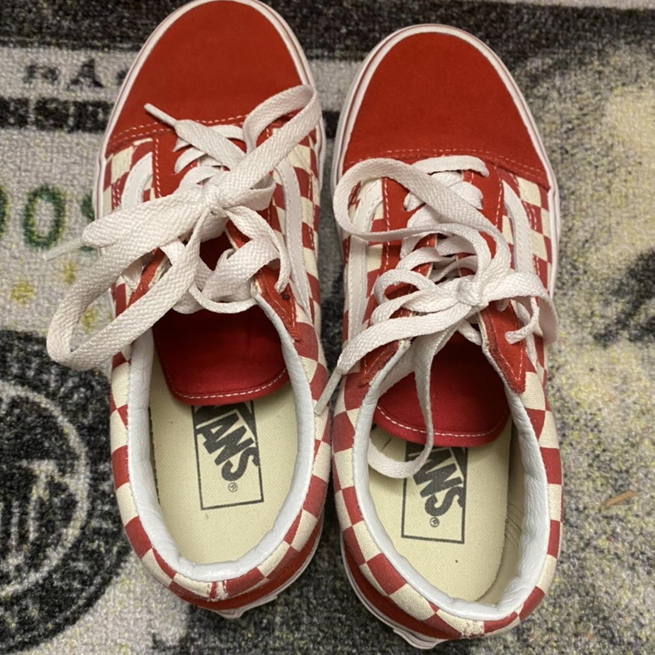 white & red low top checkered vans men’s 5.5 /... - Depop