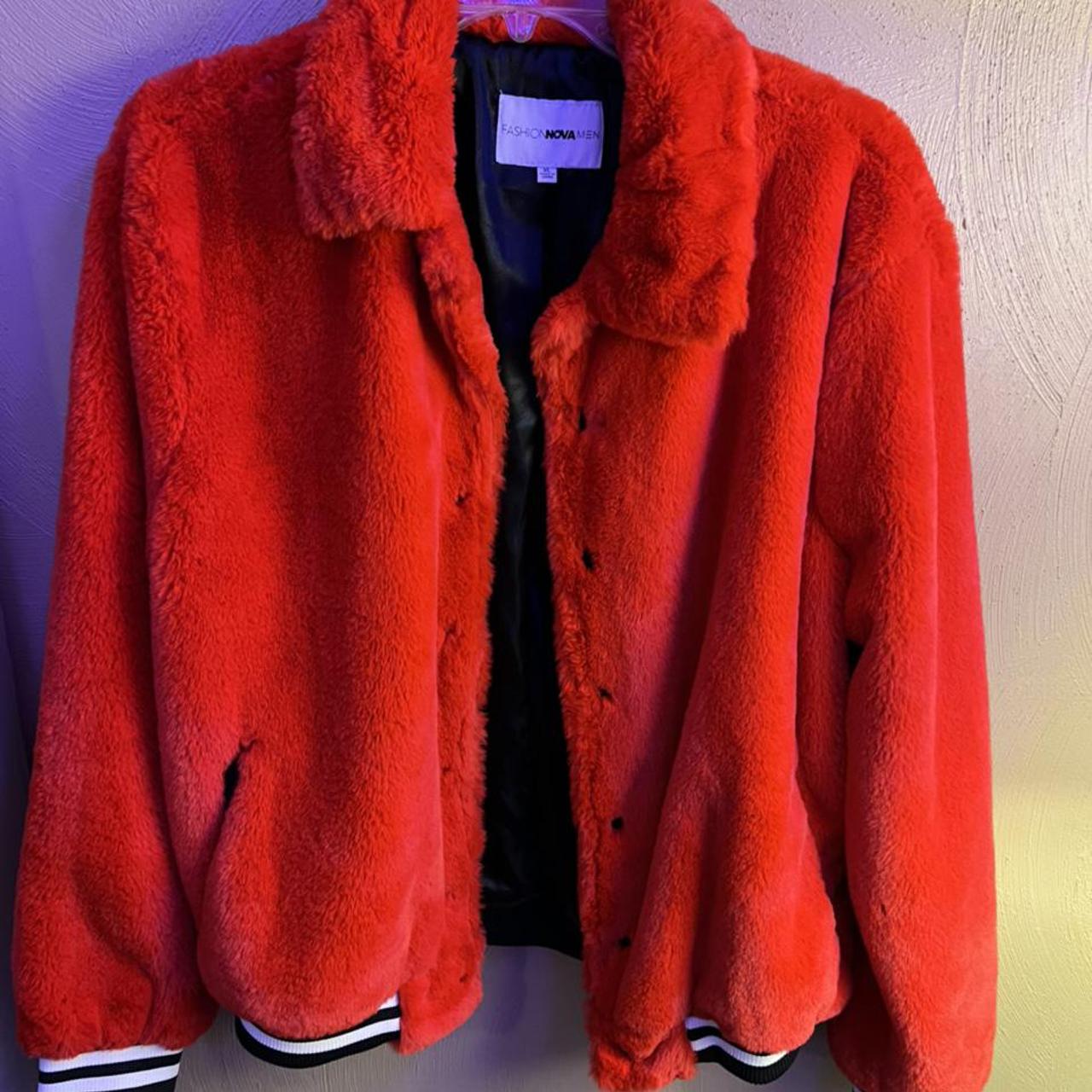 Fashion Nova Men Red Faux Fur Jacket with Black and... - Depop