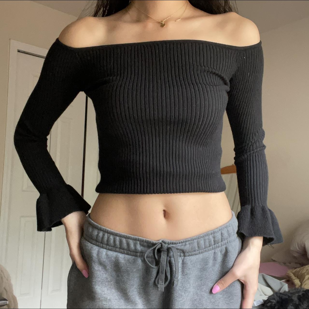 long sleeve ribbed off the shoulder black top with... - Depop