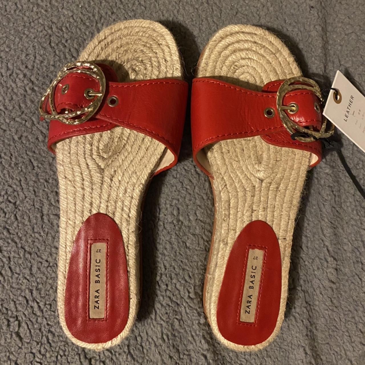 Zara Basics Red Leather Platform Sandals Size... - Depop