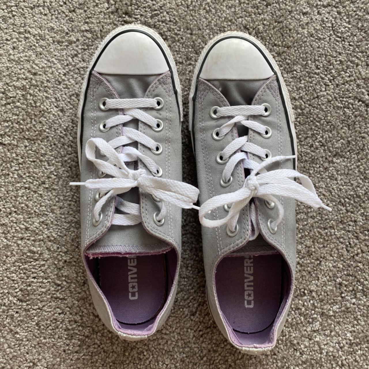 Grey convers with purple tab. Barely worn but are a... - Depop