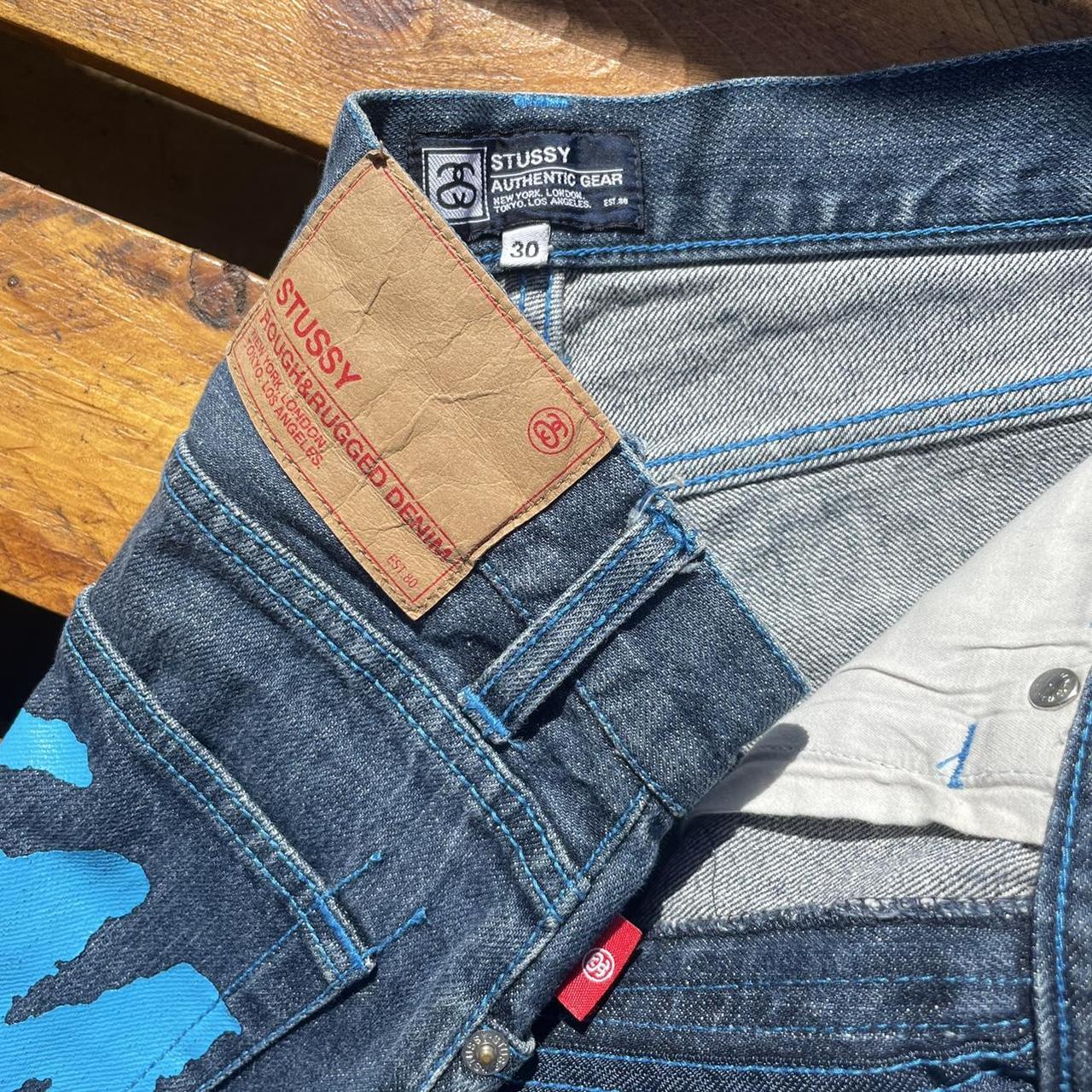 authentic stussy denim spell out jean shorts waist... - Depop
