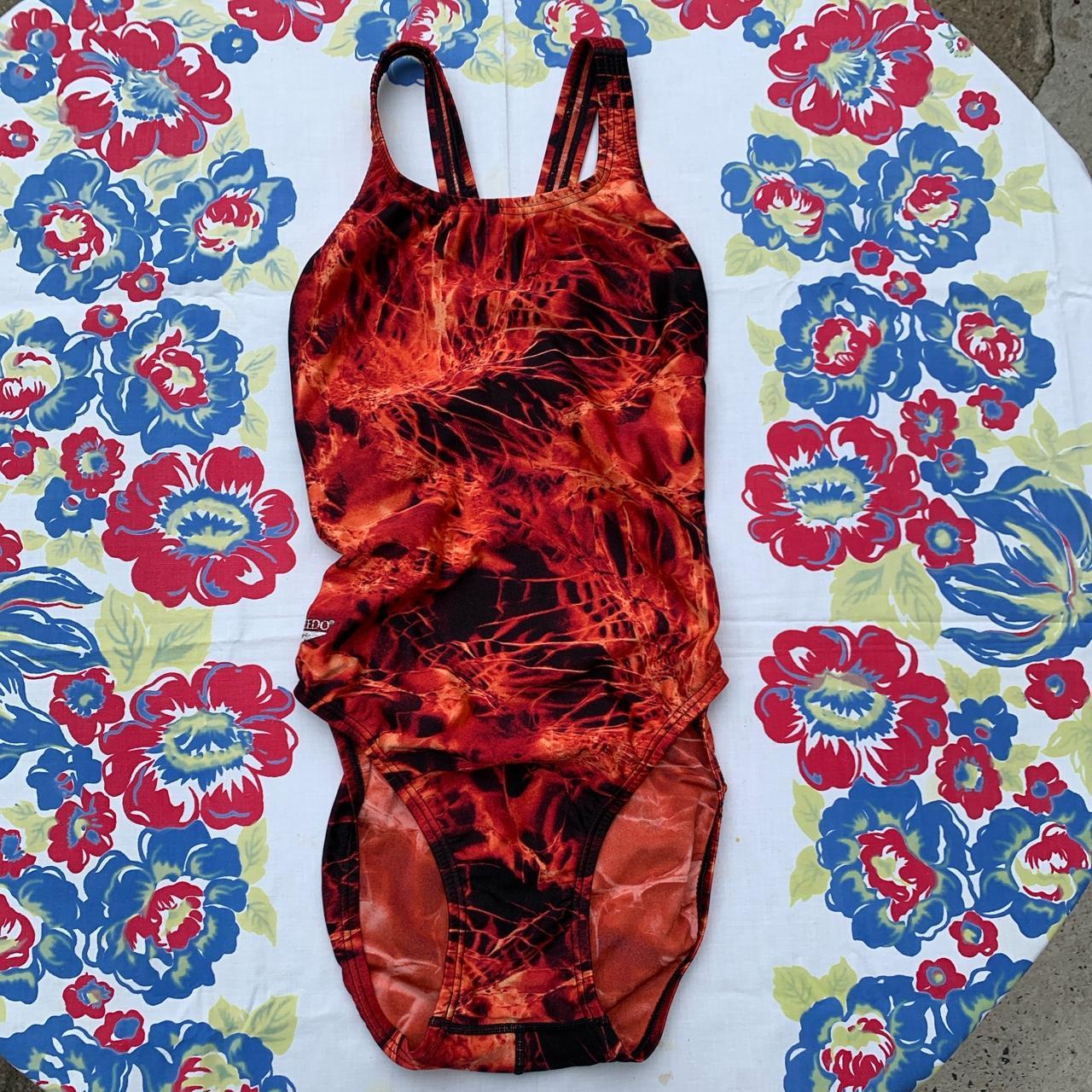 Lava print speedo one piece, 22” from scoop neck to... - Depop