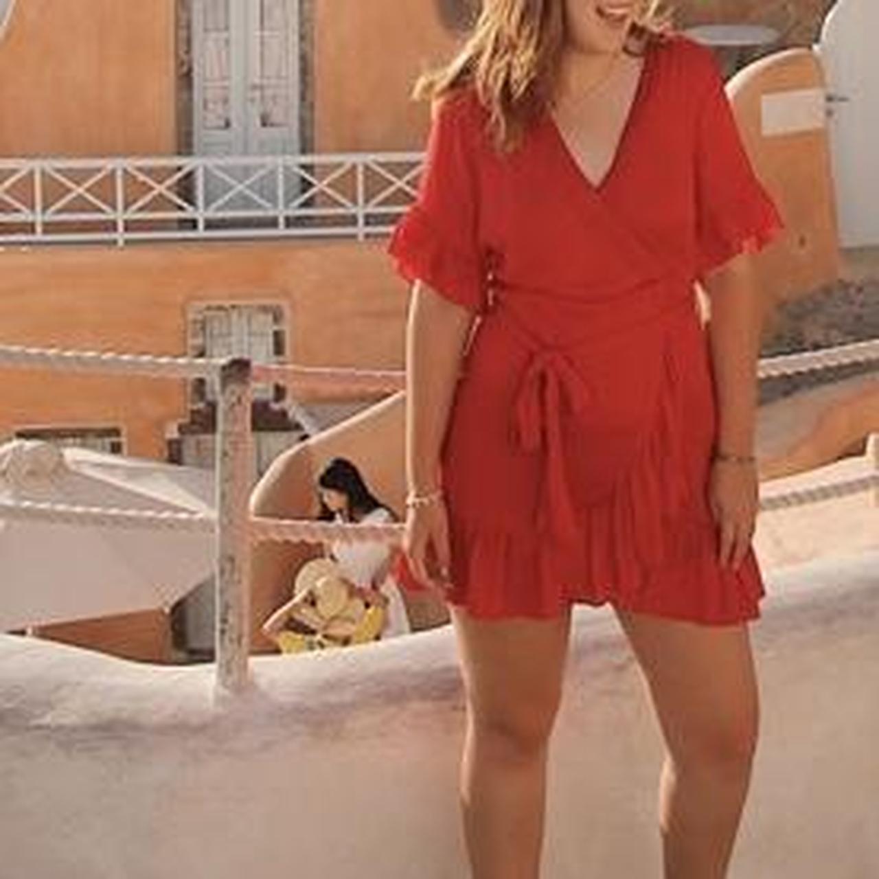 the cutest red satin ruffle dress with bow tie... - Depop