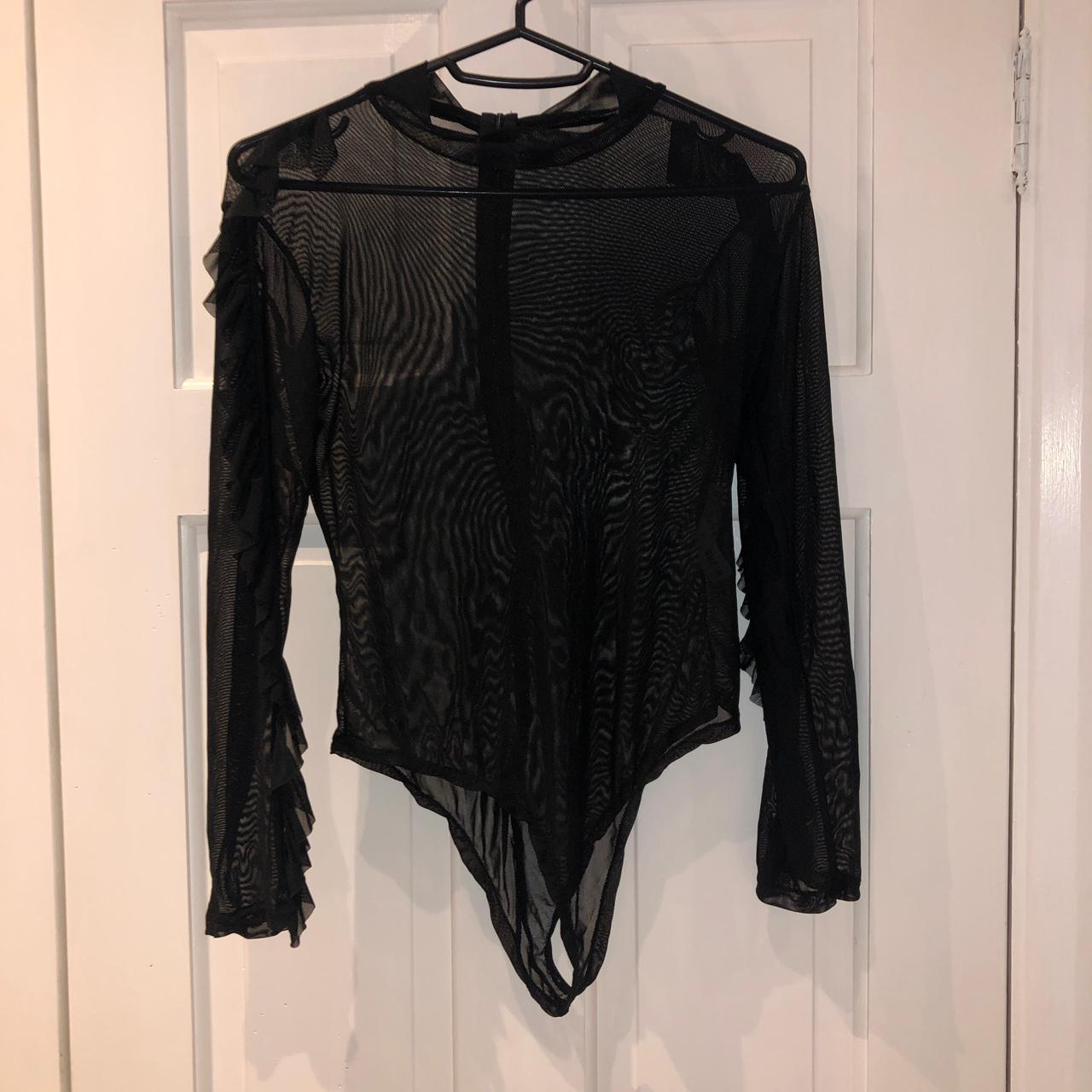 Black WOMENS high neck mesh bodysuit with ruffle... - Depop