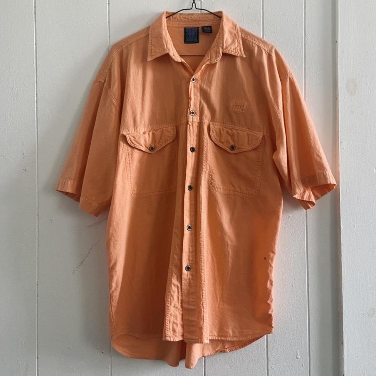 Vintage 80s oversized orange button up top by Shah... - Depop