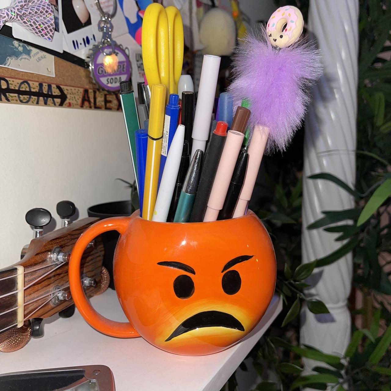 orange angry face emoji “omg” pen holder :-) (pens... - Depop