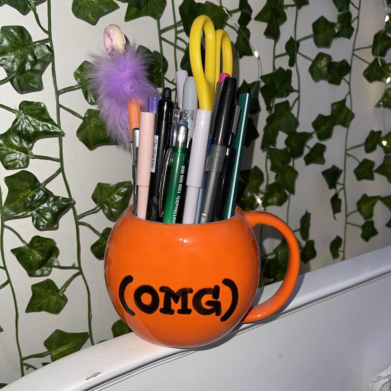 orange angry face emoji “omg” pen holder :-) (pens... - Depop