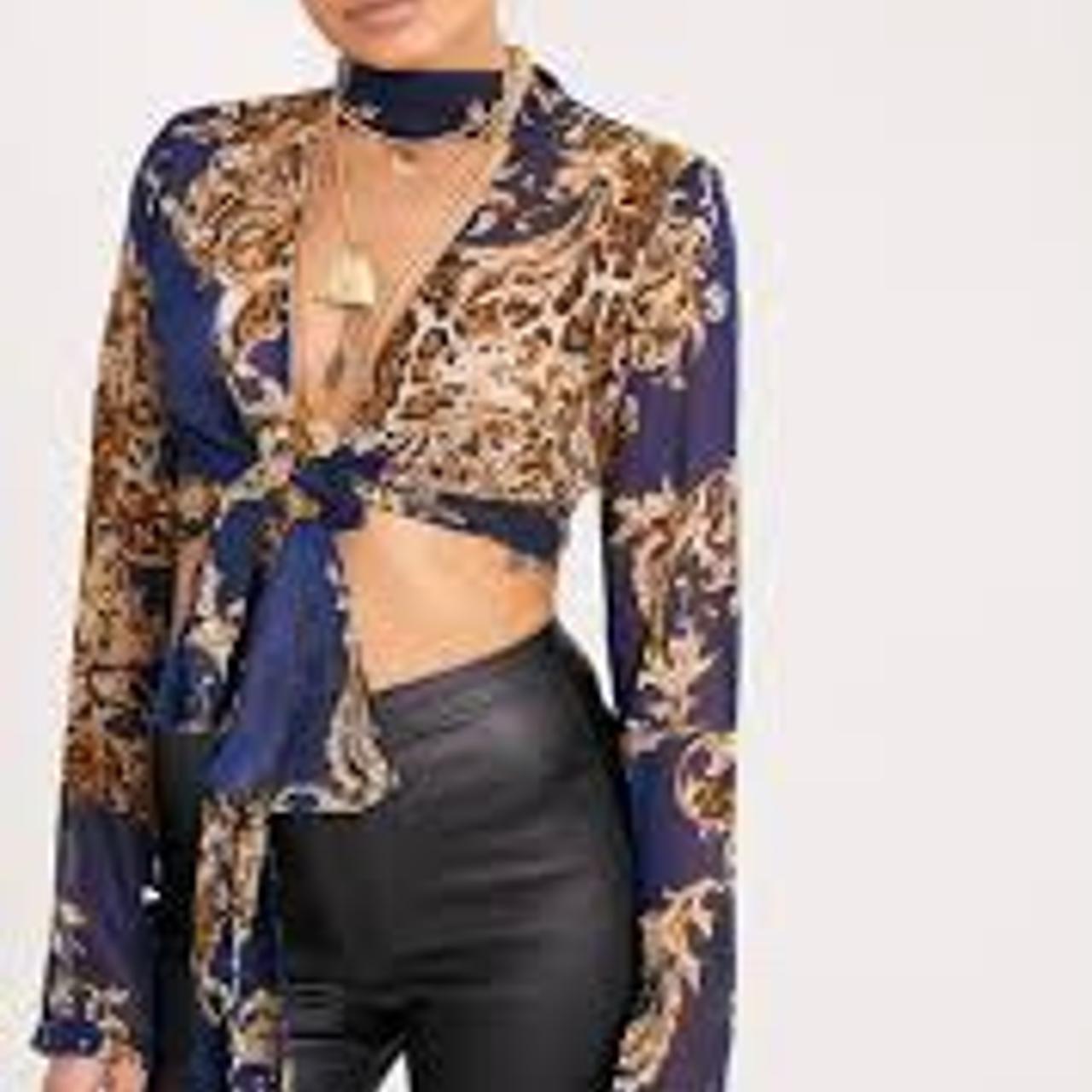 Navy Blue Sheer Baroque Crop Top Choker Shirt From... - Depop