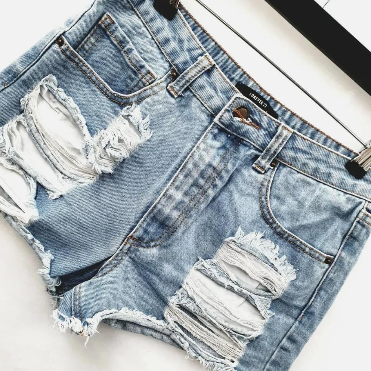 Ladies blue rinse distressed denim hotpants shorts... - Depop