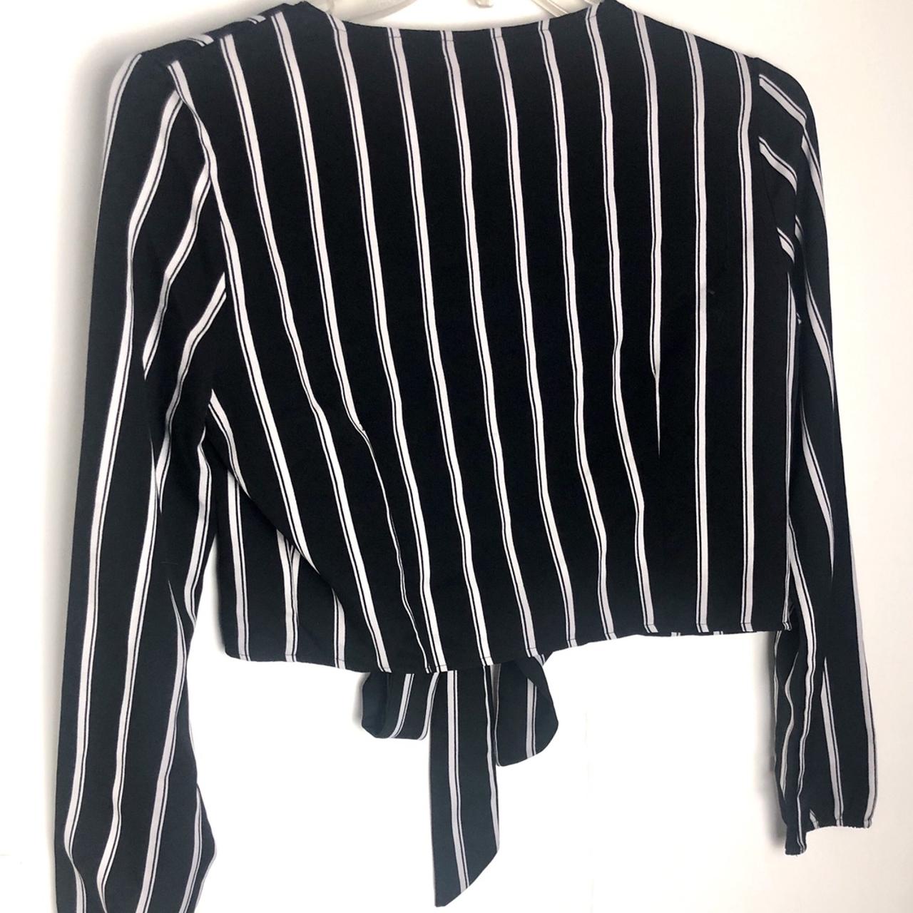 Black and white pinstriped, tie-front top with... - Depop
