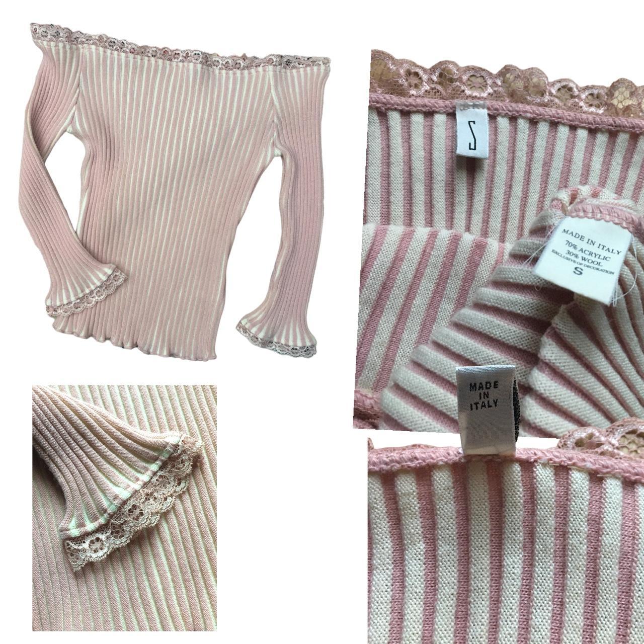 Y2K white , pastel pink ribbed ruffle lace shoulder... - Depop