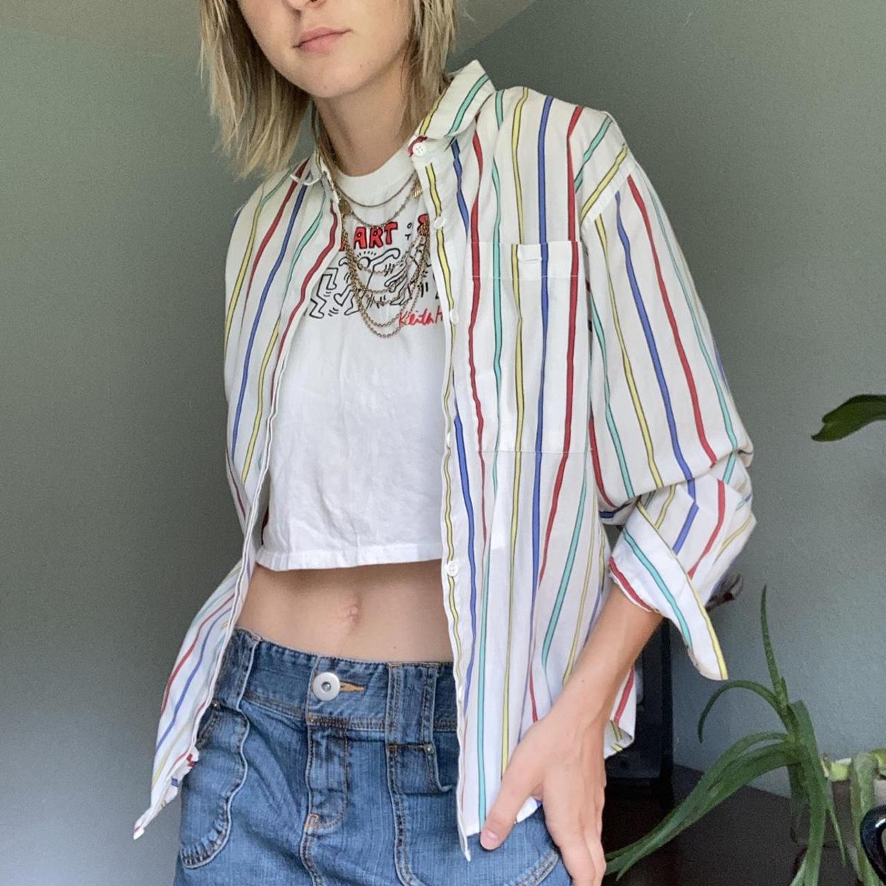 Vintage 90s rainbow stripe unisex button up Super... - Depop