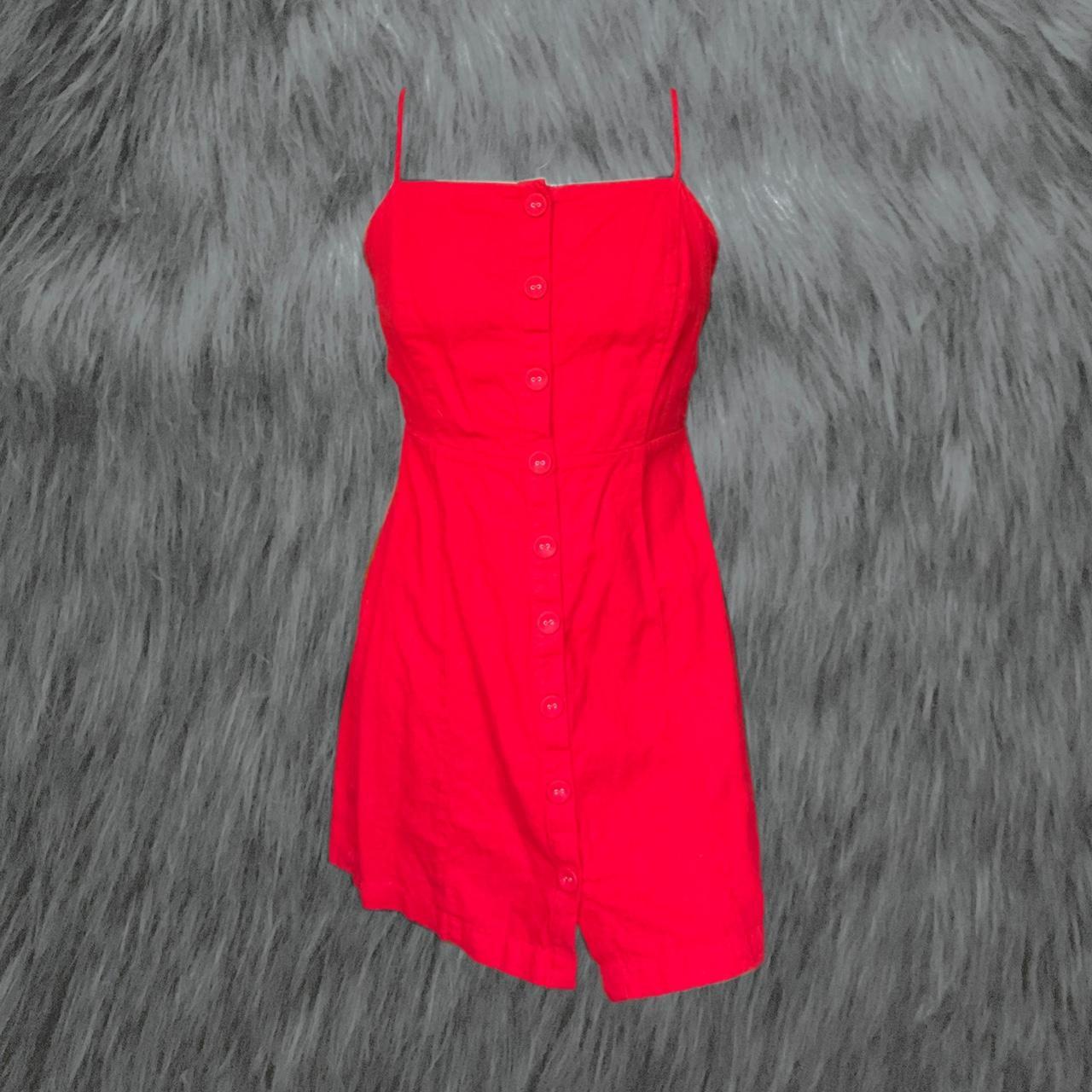 Bright red sewn in button up dress with adjustable... - Depop