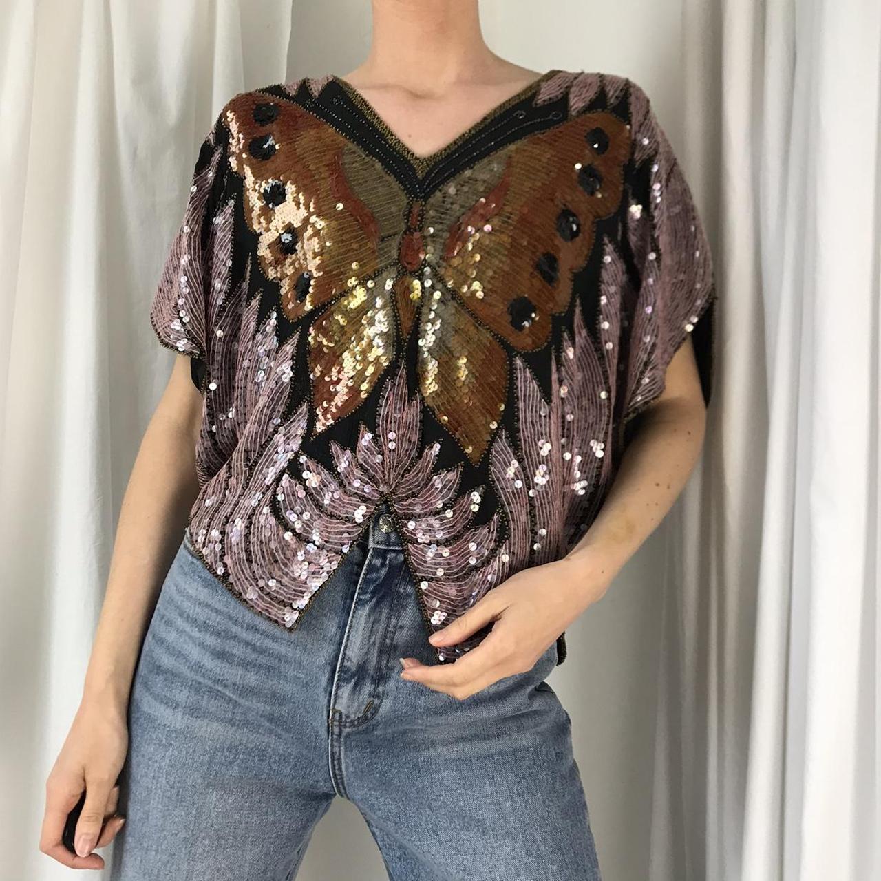 Beautiful vintage pink and red/gold sequin butterfly... - Depop