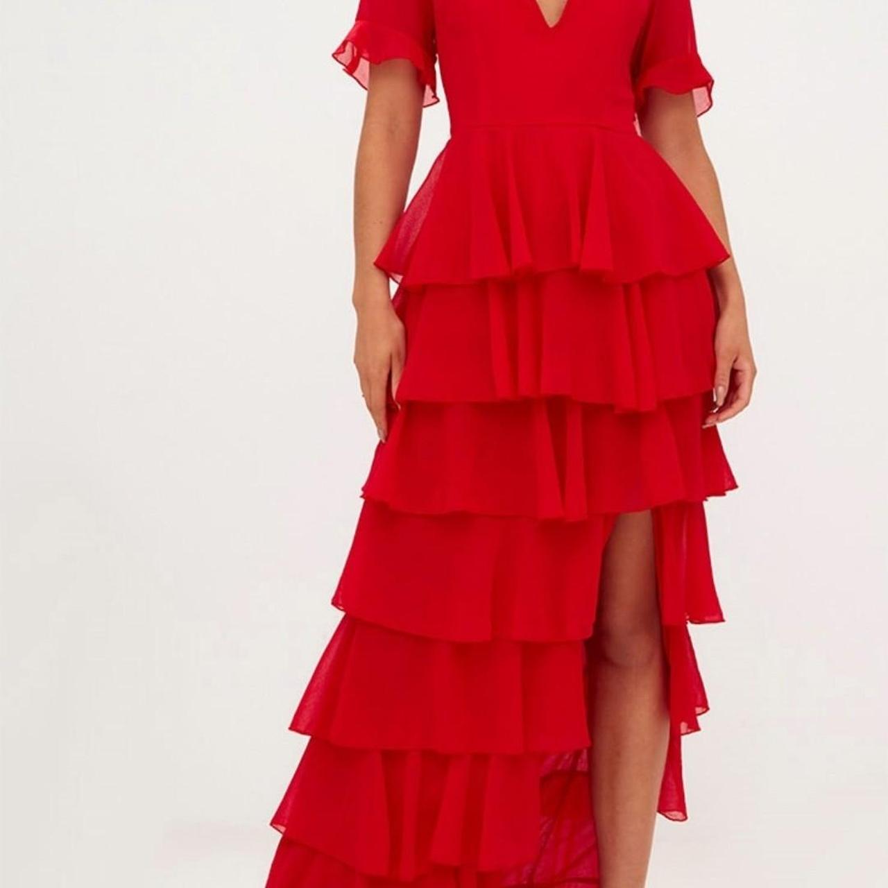 Red maxi chiffon layered dress with a side... - Depop