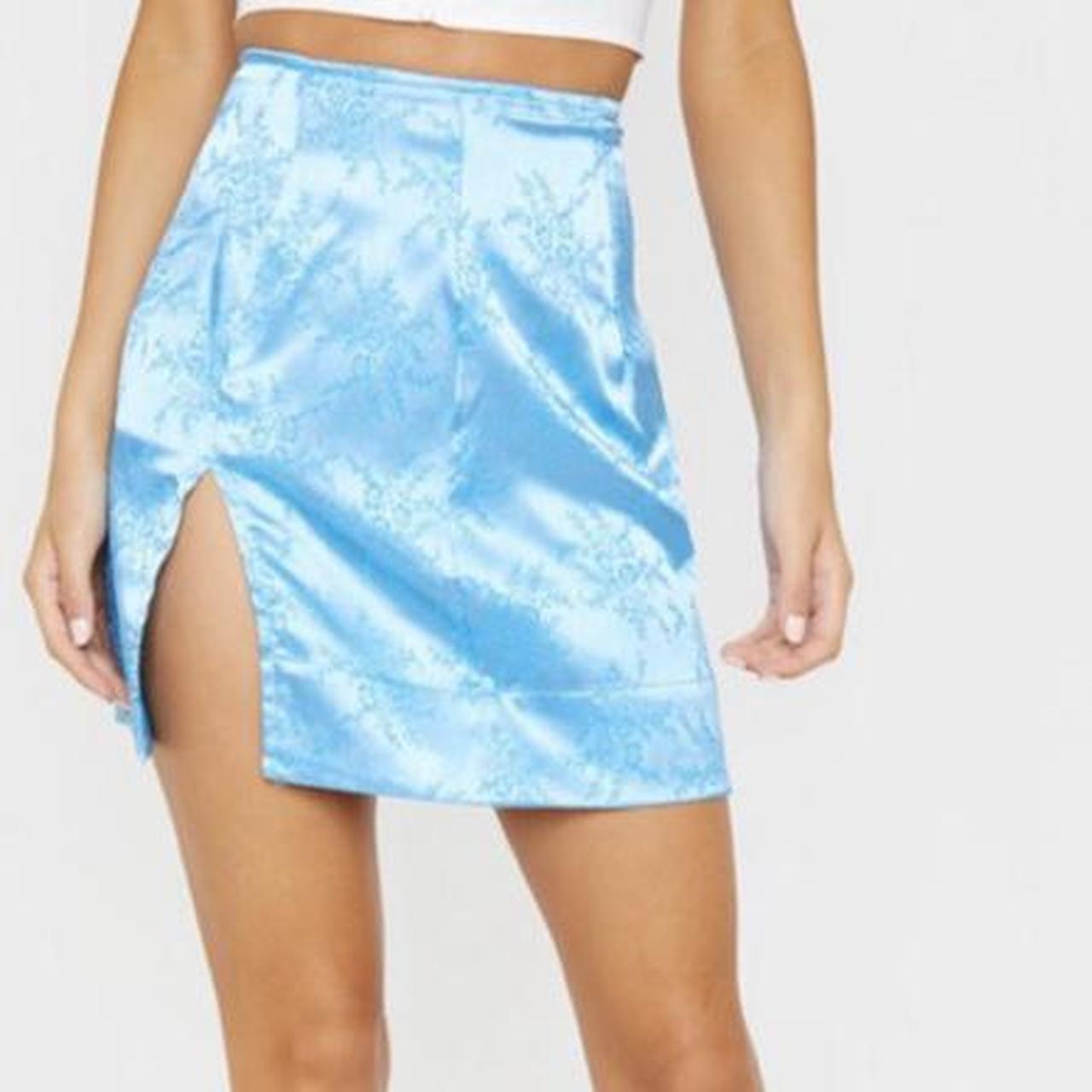 plt pretty little thing blue mini silk satin skirt... - Depop