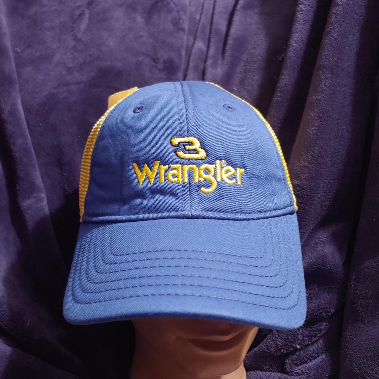 Embroidered blue and yellow Wrangler 3 baseball... - Depop