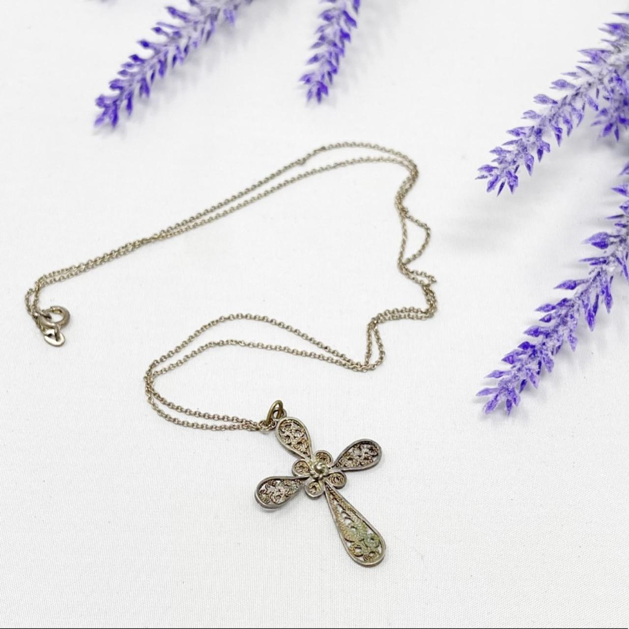 Vintage 835 AR German Silver Dainty Filigree Cross... - Depop