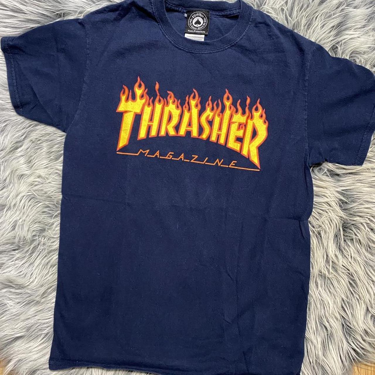 Thrasher Flames Logo Shirt - Small Navy with flames... - Depop