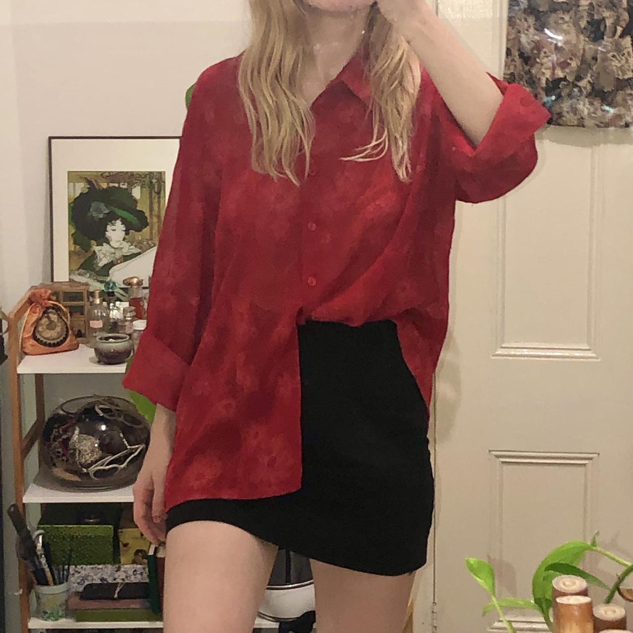 Beautiful vibrant red sheer floral shirt // collared... - Depop