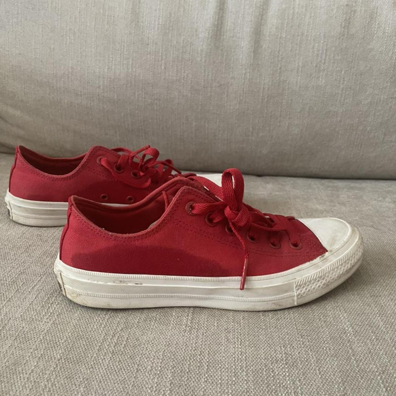 Bright red and white converse all stars low top... - Depop