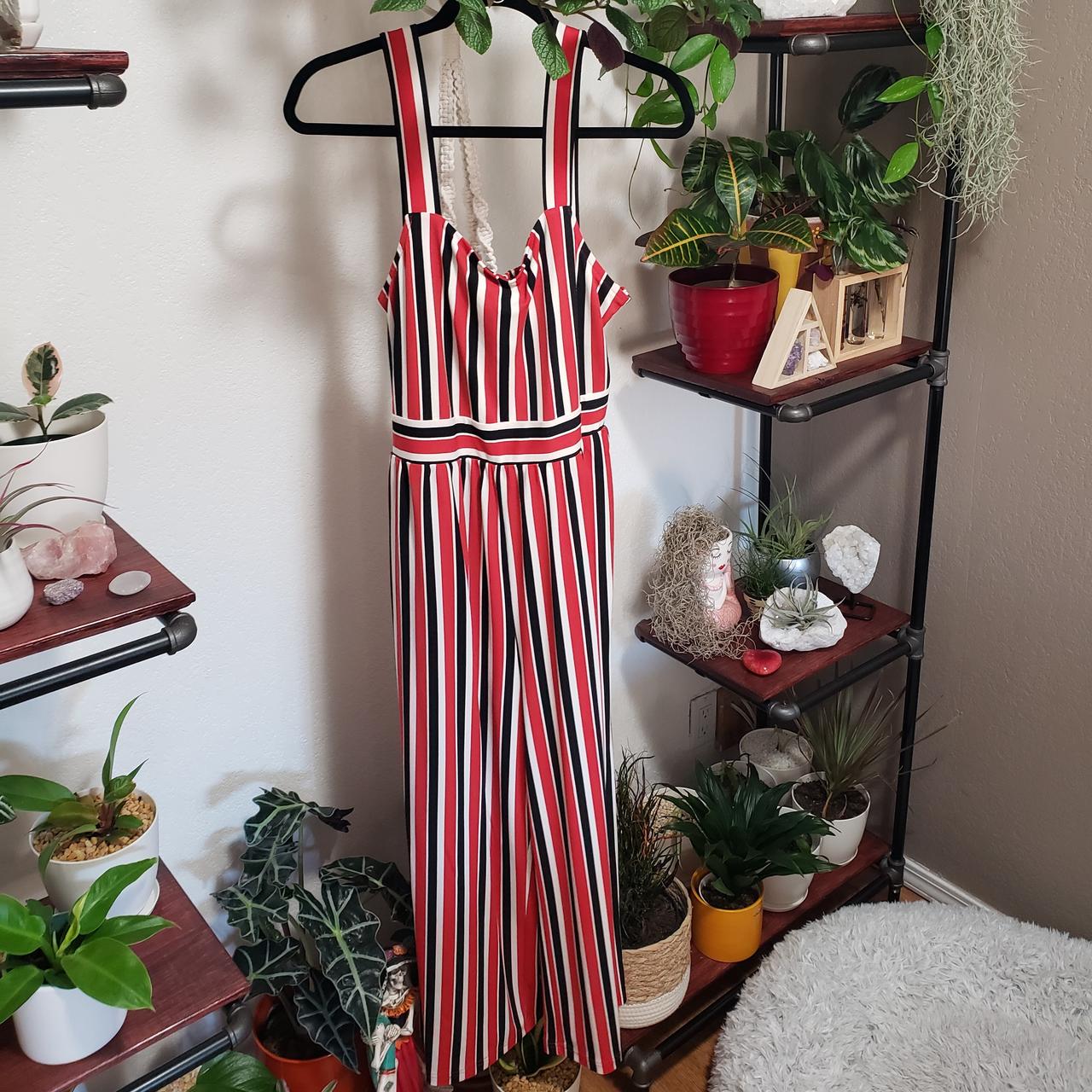 Stripped red, white, and black romper, loose fitting - Depop