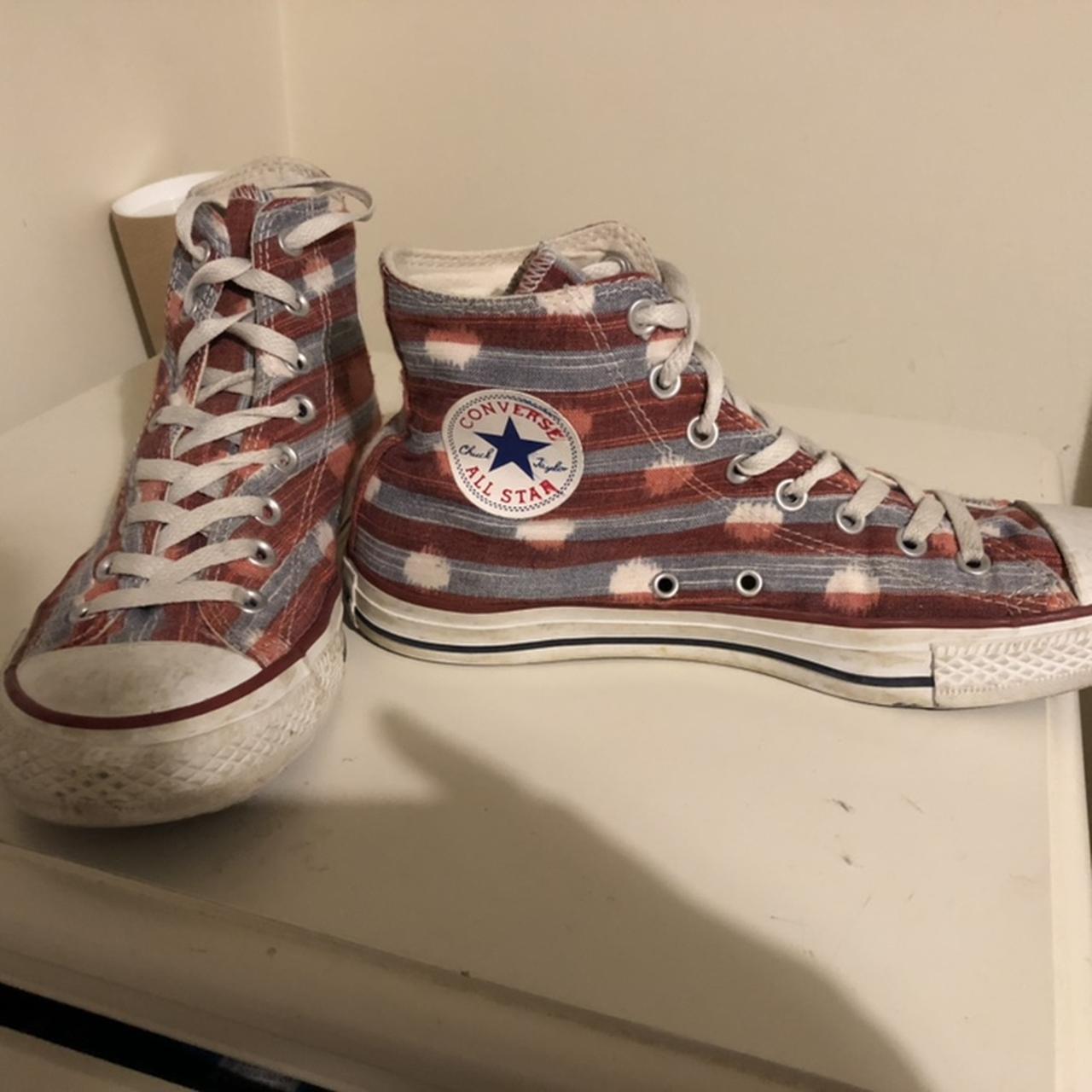 converse red and dark blue/grey hi-tops striped... - Depop