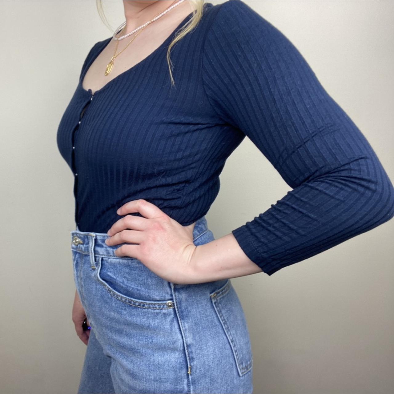 Navy Blue Ribbed Button Up Top Super cute top, in... - Depop