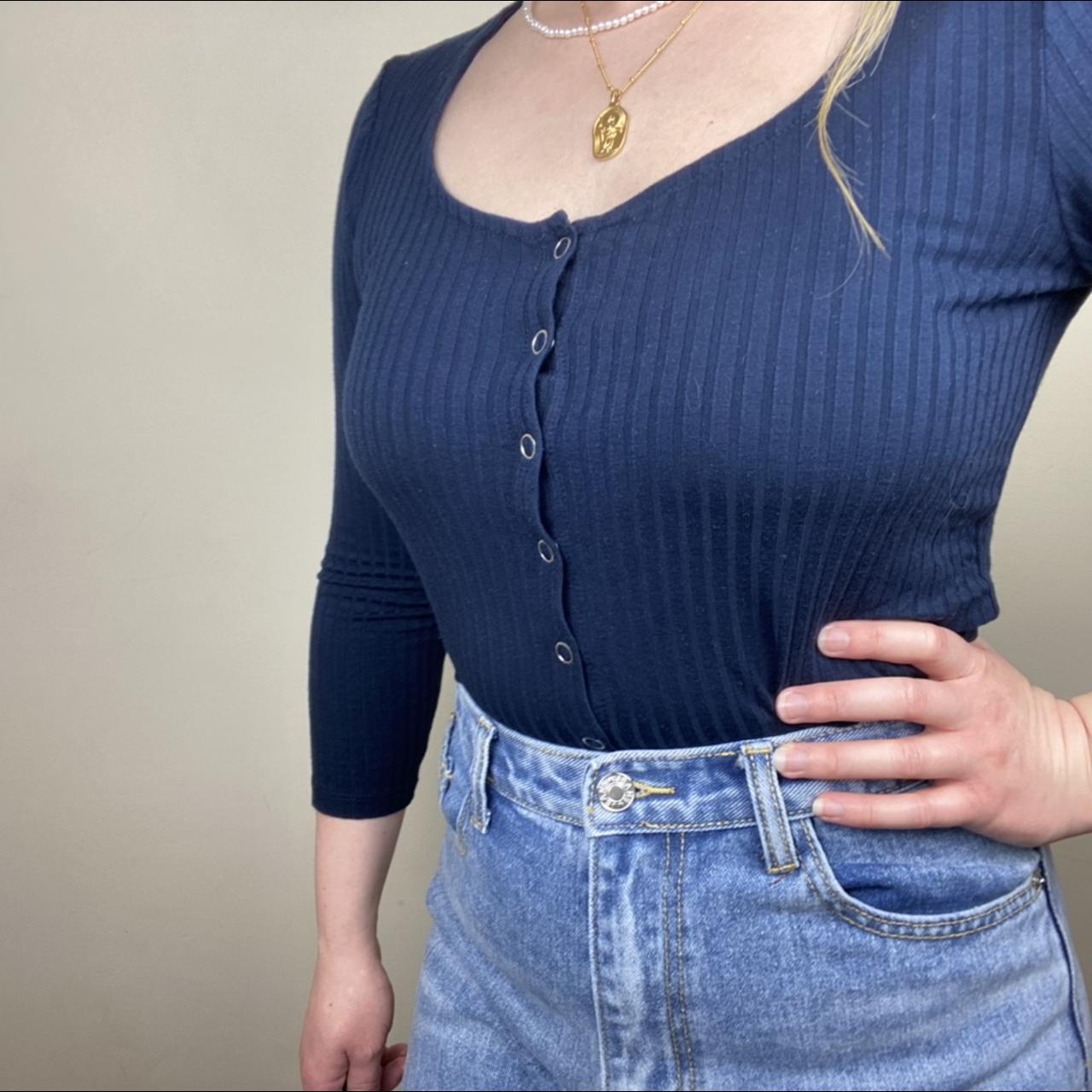 Navy Blue Ribbed Button Up Top Super cute top, in... - Depop