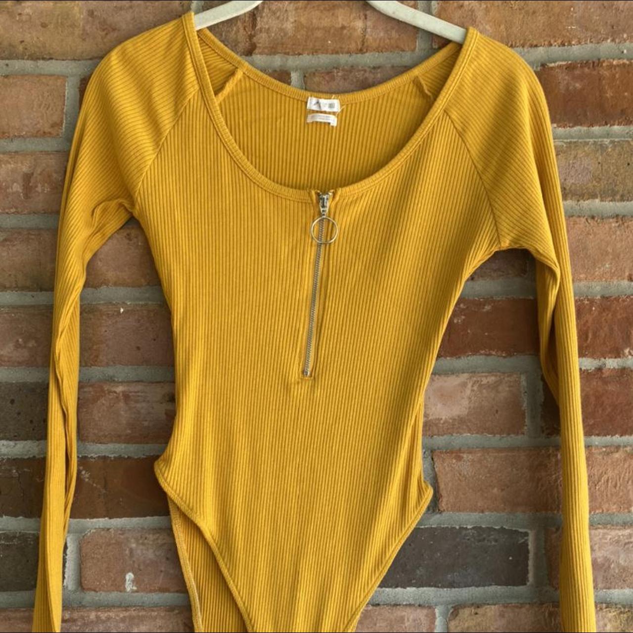 Mustard yellow zip up body suit Shipping: $4 Long... - Depop