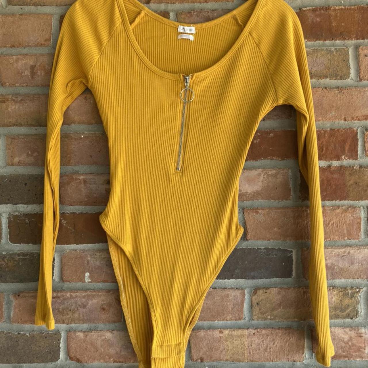 Mustard yellow zip up body suit Shipping: $4 Long... - Depop