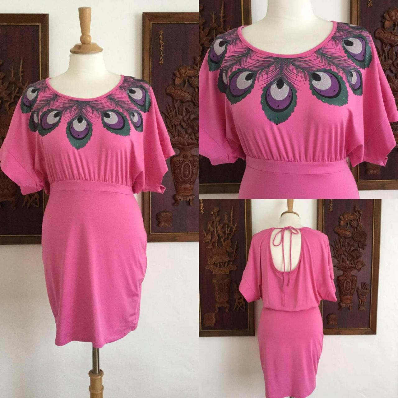 Susie Rose Pink Peacock Design Open Back Mini Dress... - Depop