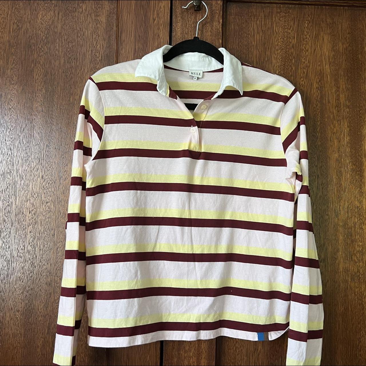 Kule pink burgundy and yellow striped rugby long... - Depop