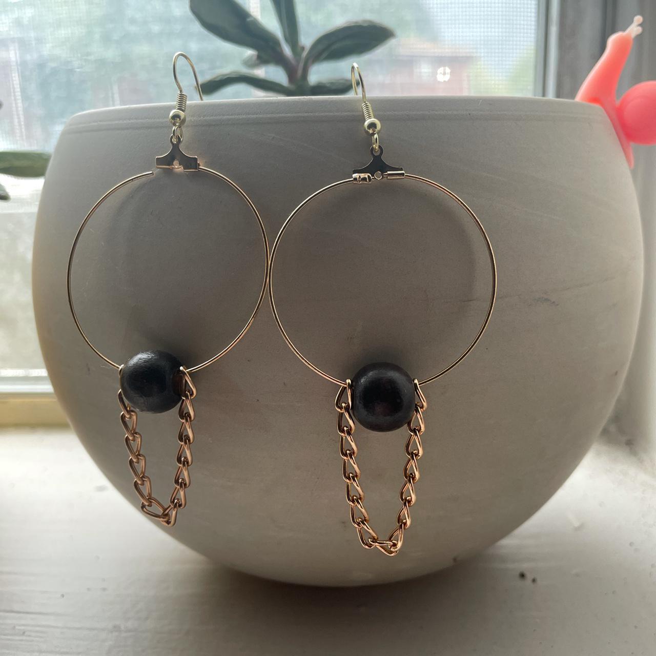 gold hoop chain earrings #gold #chain #bead - Depop