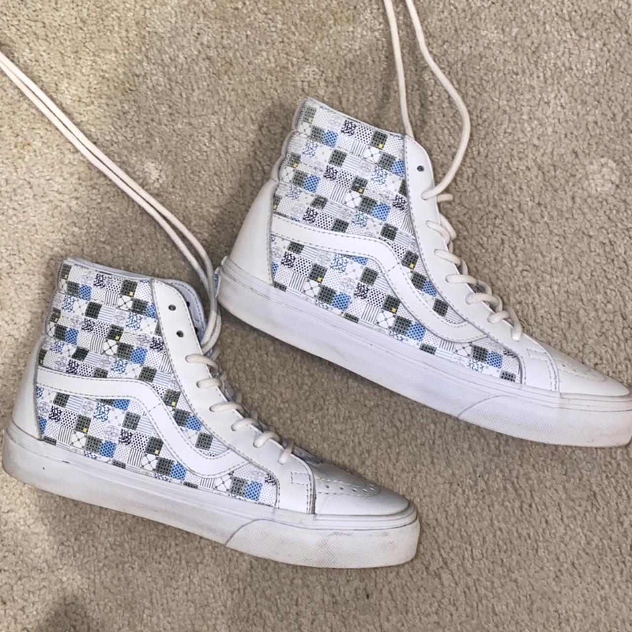 Vintage white leather, patterned high top vans. Only... - Depop