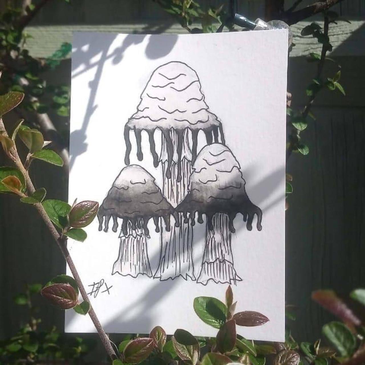 Miniature hand-painted watercolour inky cap mushroom... - Depop