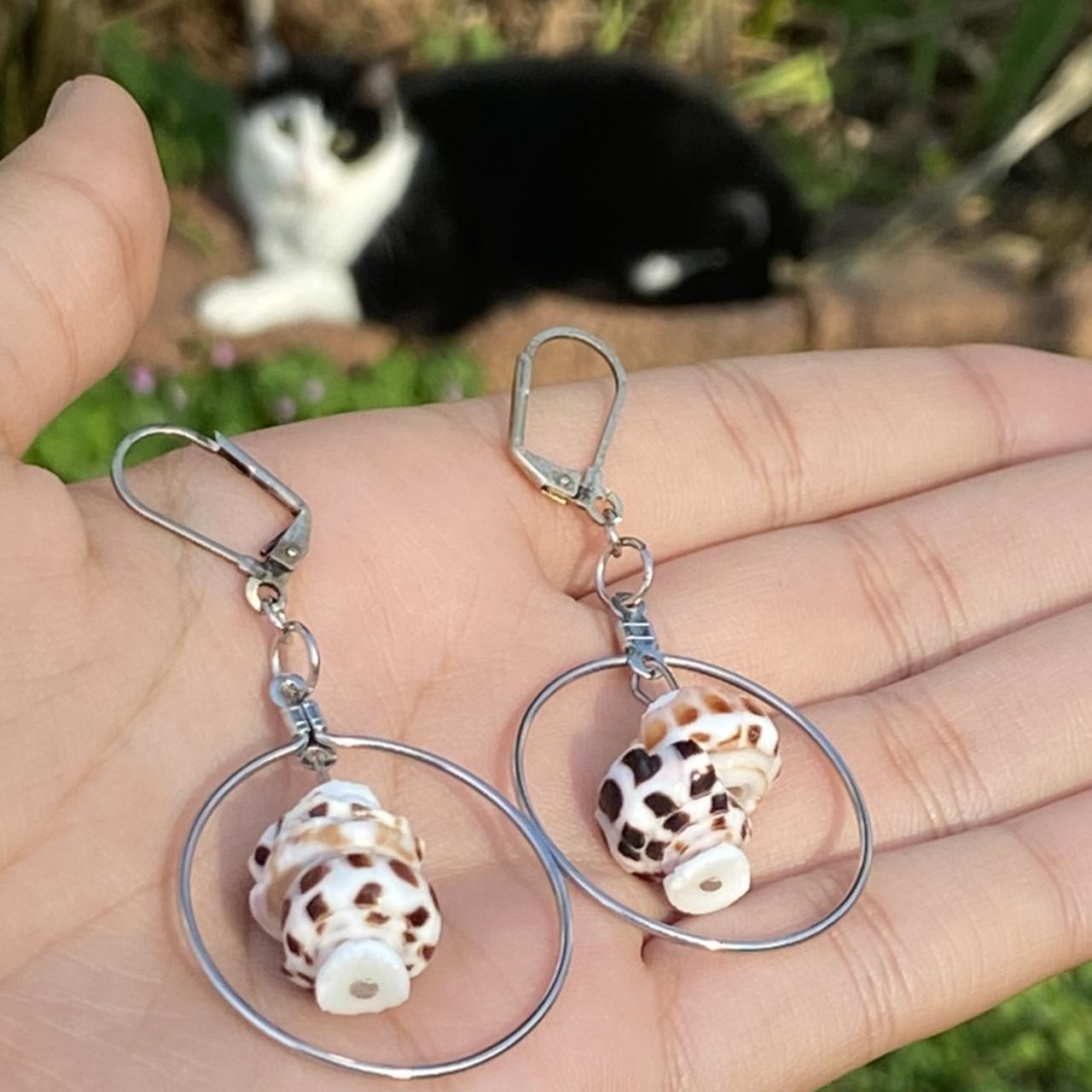 Tiger shell fish hook silver hoop earrings! These... - Depop
