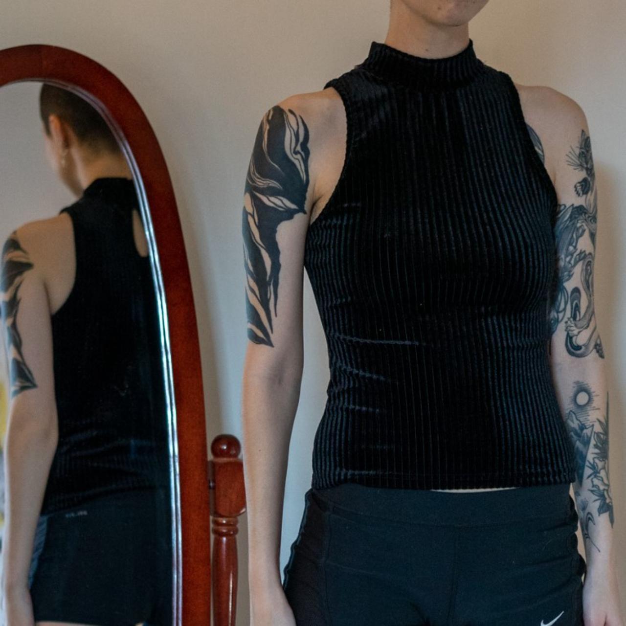 Black velvet ribbed mock neck top, two buttons in back. - Depop