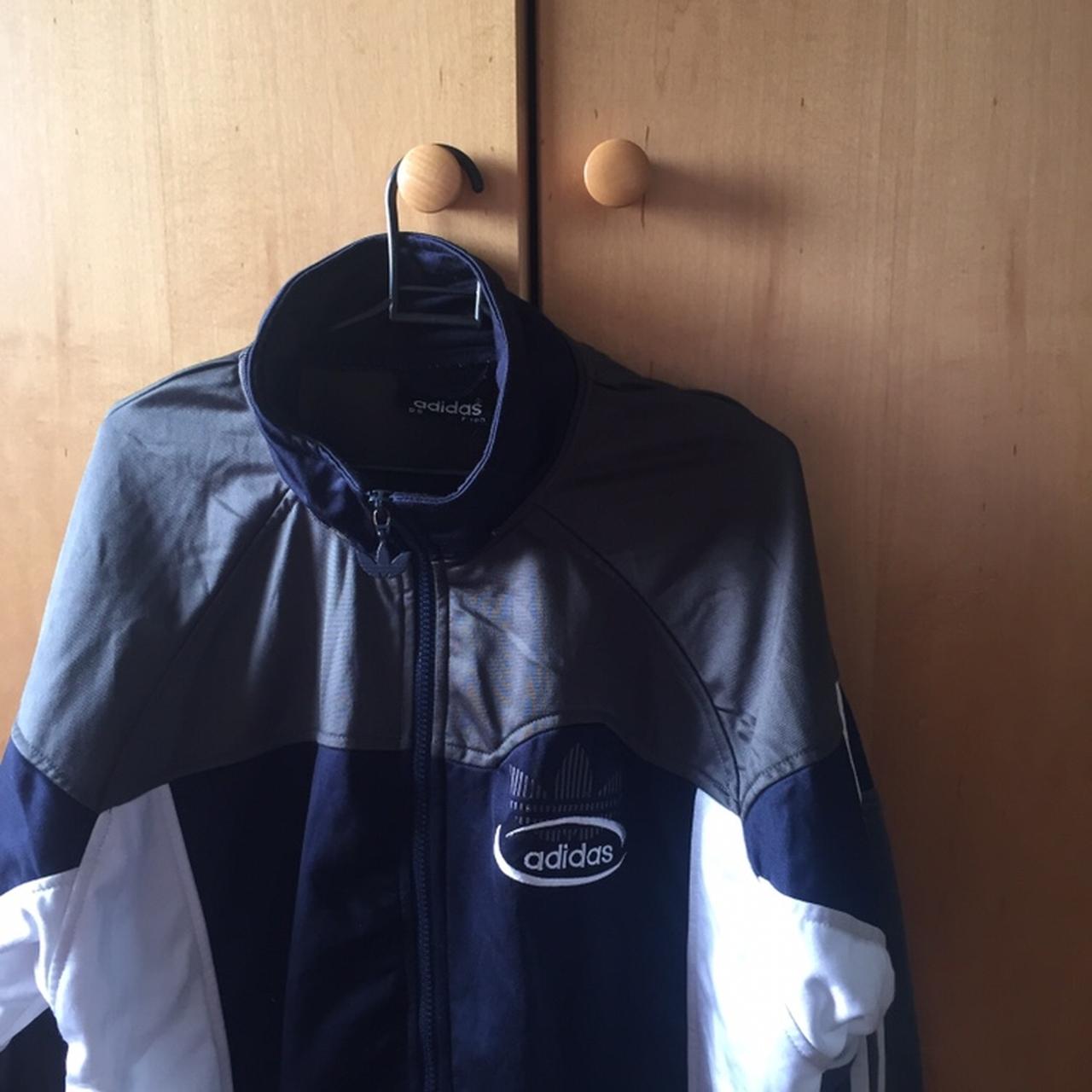 Adidas track jacket Blue grey and white Small... - Depop