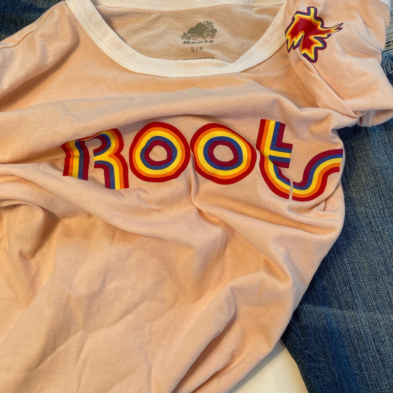 Roots peach ringer Tee. Small. Rainbow logo and... - Depop