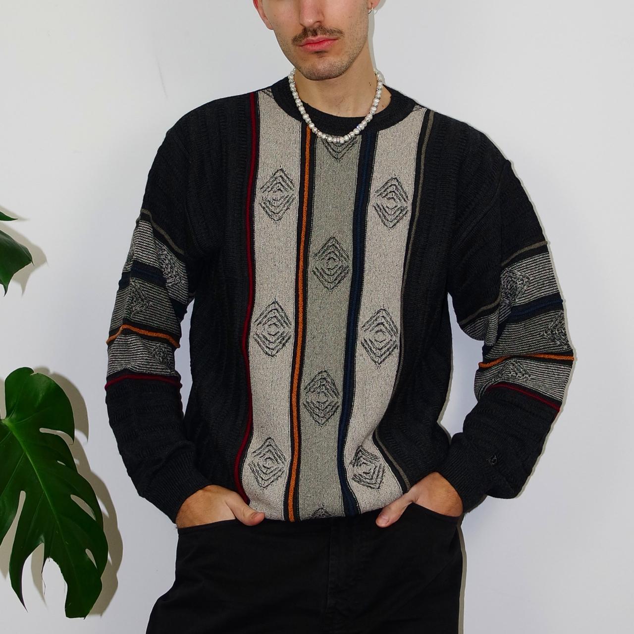 70s VINTAGE KNITTED JUMPER WITH STRIPES AND PATTERNS... - Depop