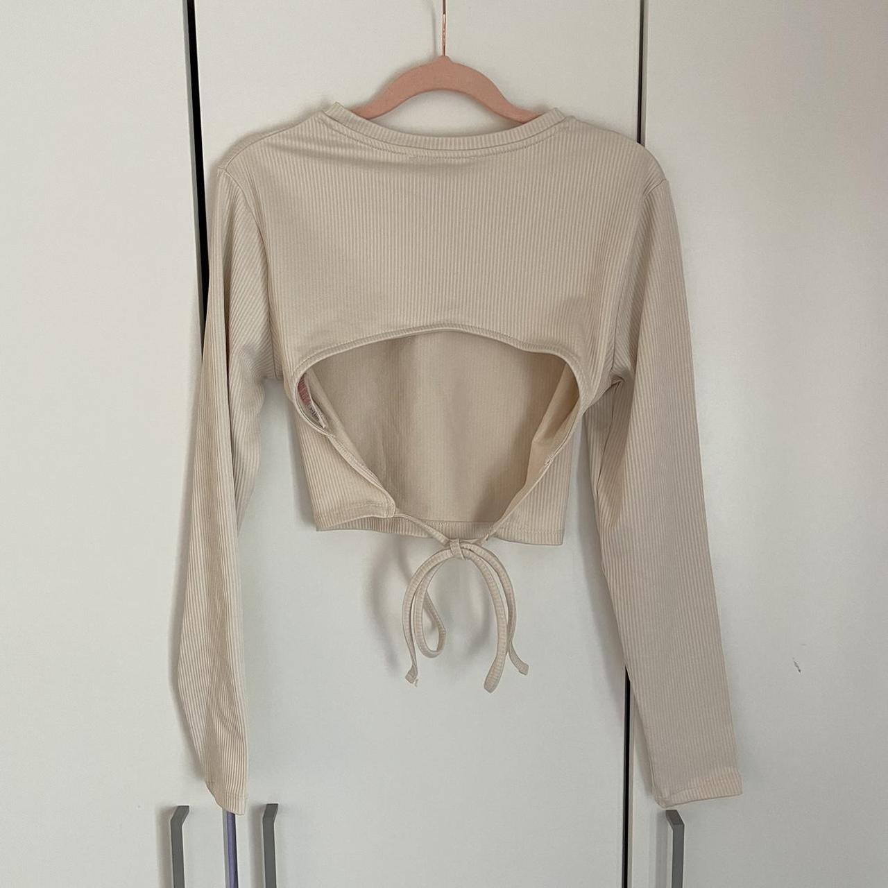 Long sleeve cream ribbed crop top with cut out... - Depop