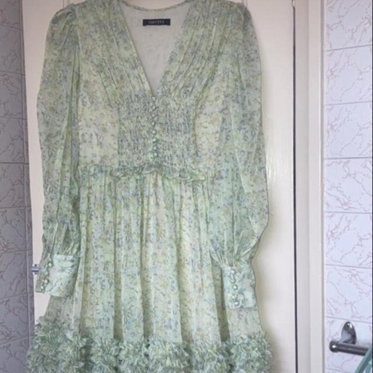 Beautiful sage green flowy frilly dress and great... - Depop