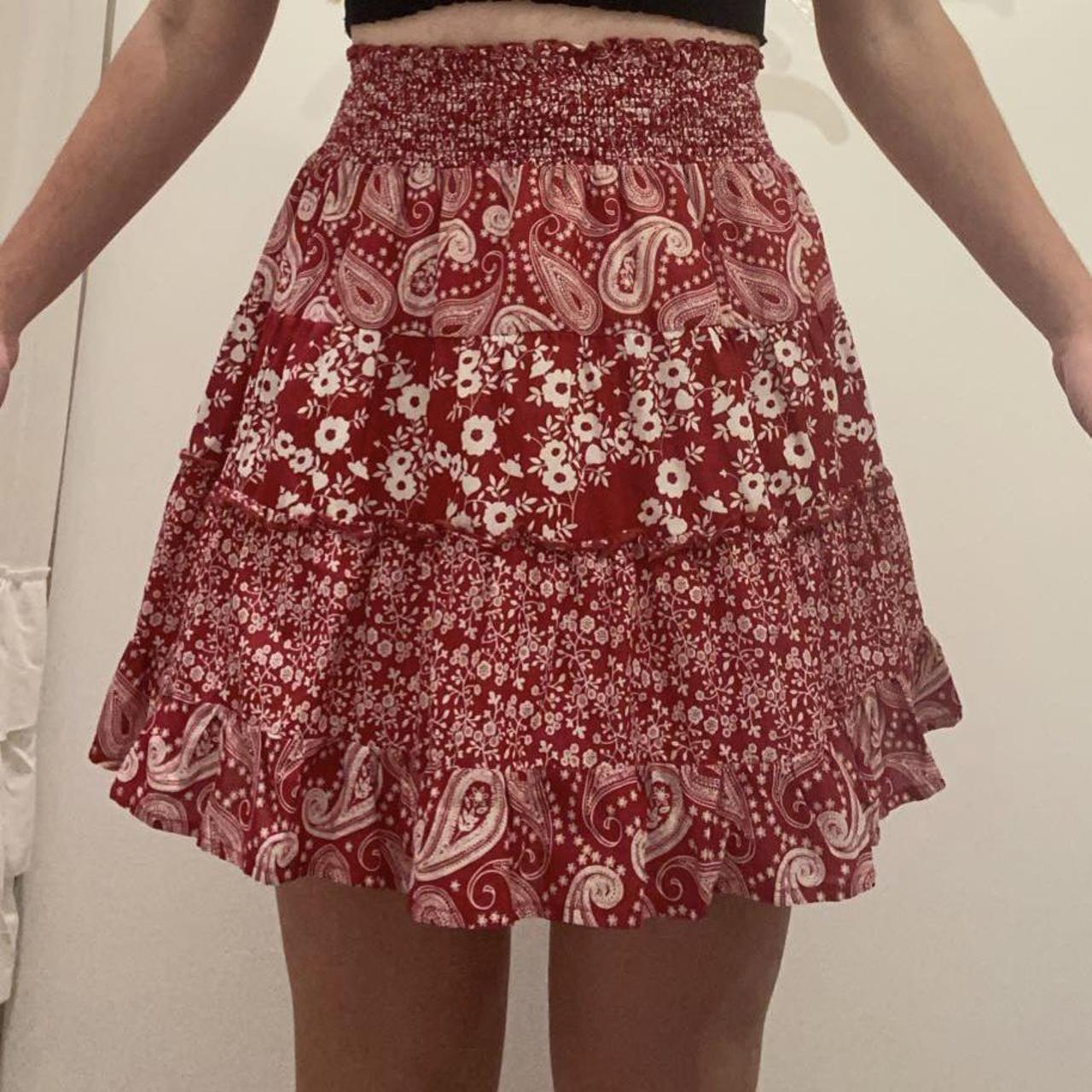 Red and white patterned skirt, soo cute and comfy!... - Depop